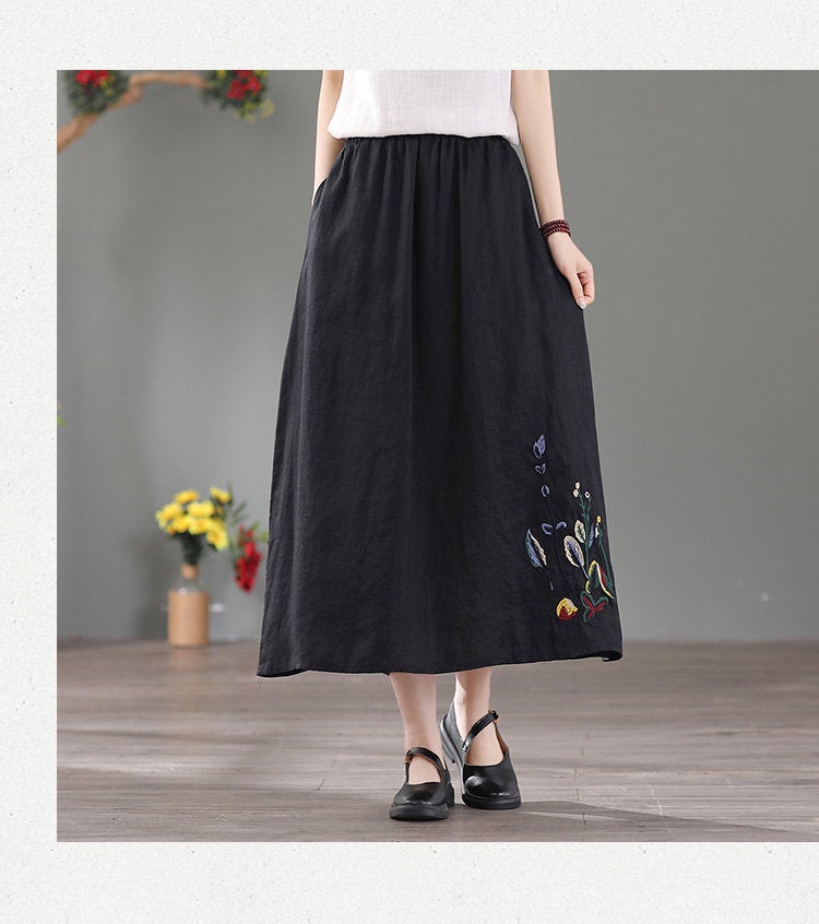 Woman Vintage Embroidered Skirt High Waist Skirt Soft Cotton Linen ...